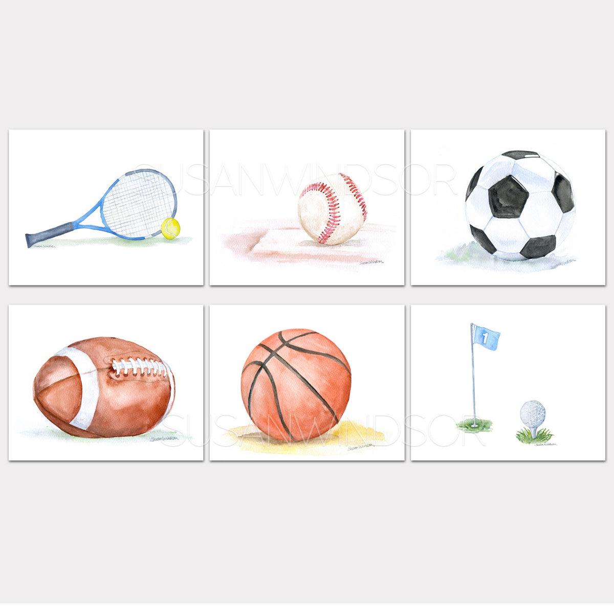 Sports Theme Watercolor Art Print Set - Tennis Basketball Soccer Footb ...